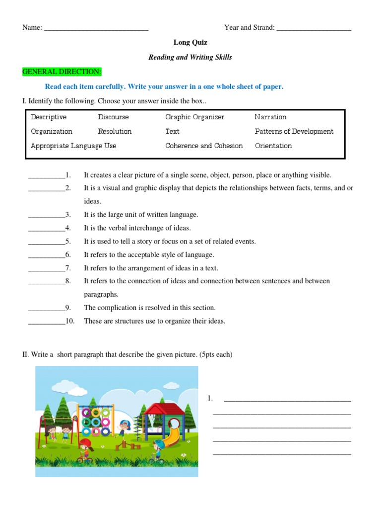 Long Quiz on Reading and Writing Skills | PDF | Home & Garden | Art