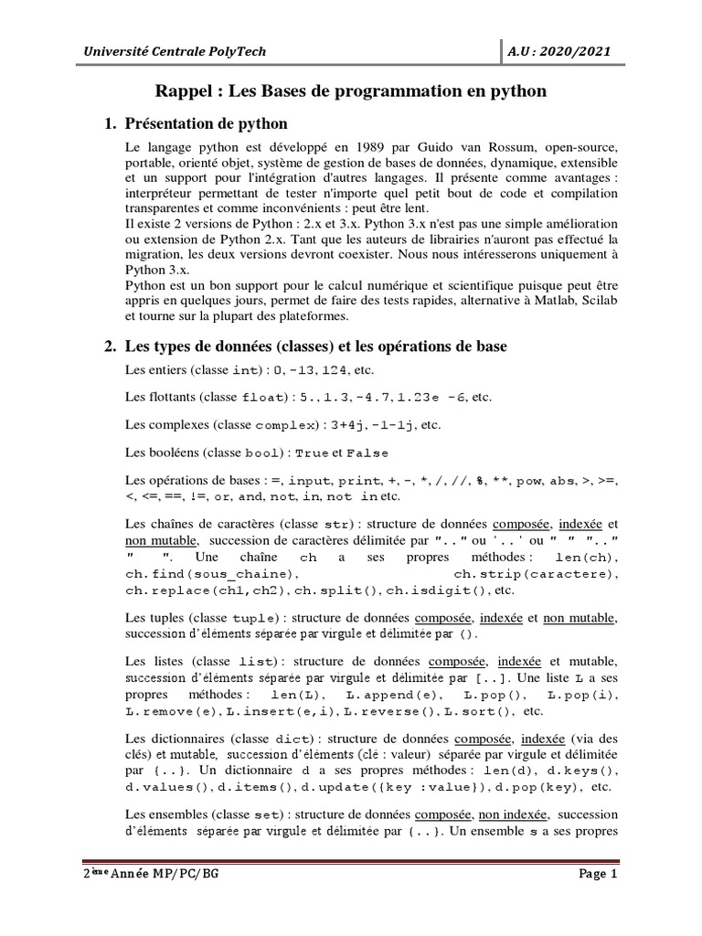 Rappel Les Bases de Programmation Python | PDF | Python (Langage de programmation ...