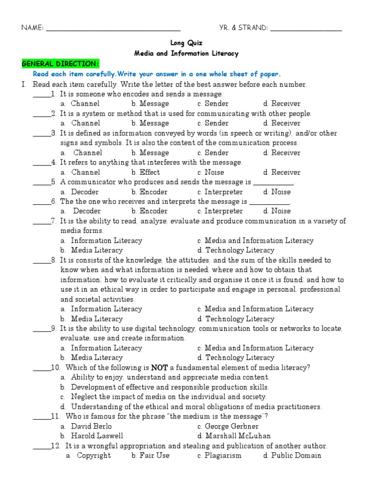 Long Quiz in Media and Information Literacy | PDF | Media ...