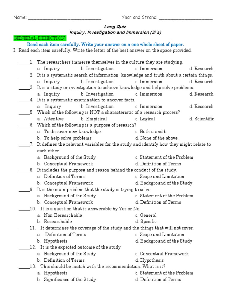 Long Quiz in Inquiry, Investigation and Immersion | PDF | Inquiry ...