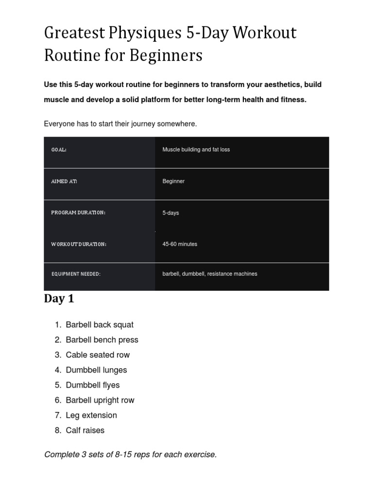 5-Day Workout Routine For Beginners | PDF | Dieting | Food And Drink