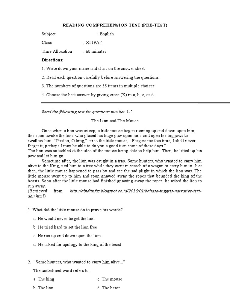 Reading Comprehension Pre Test | PDF | Little Red Riding Hood | Snow White