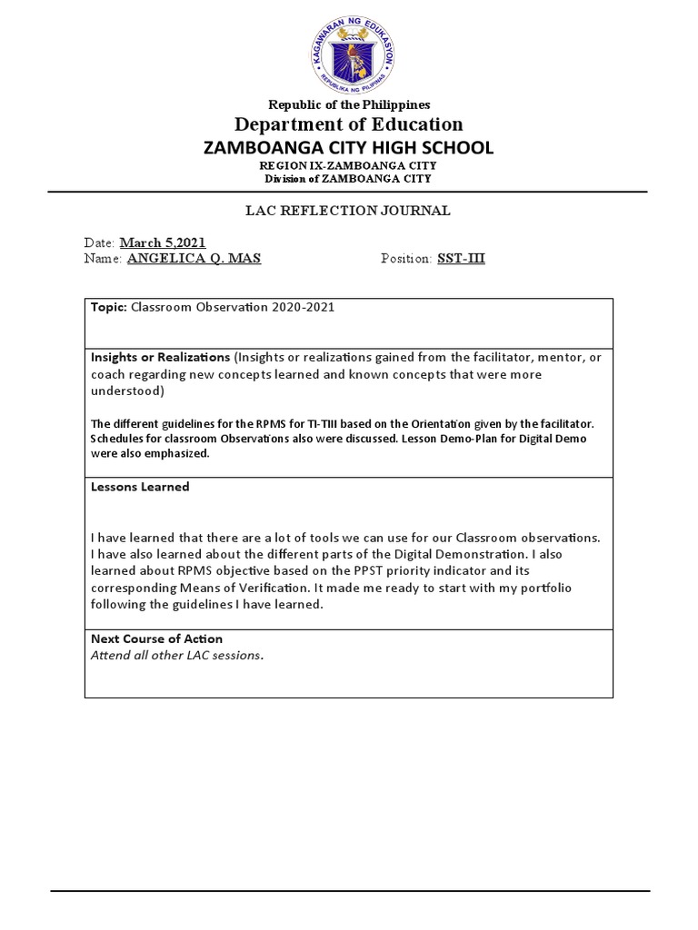 LAC Reflection Journal-ANGIE | Download Free PDF | Mentorship | Classroom