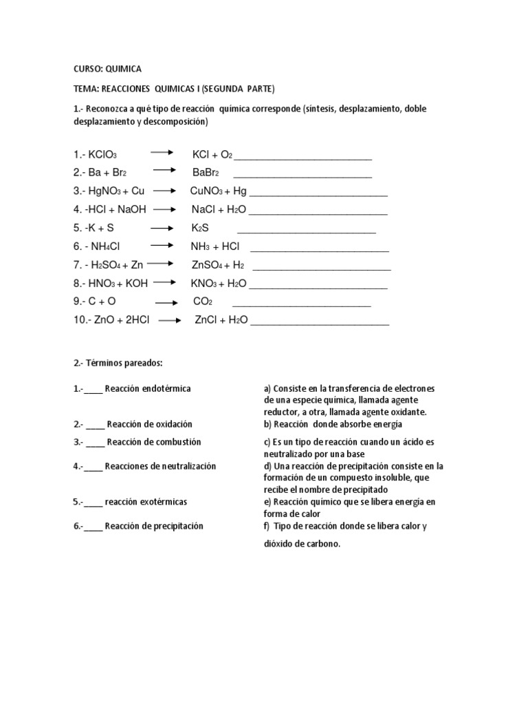 Hoja De Trabajo Para Describir Reacciones Químicas Proyecto De