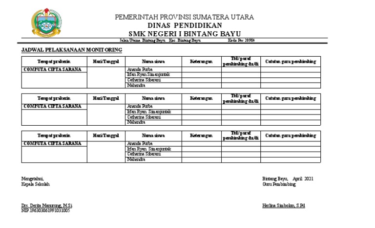 Jadwal Monitoring PKL SMK Bintang Bayu | PDF
