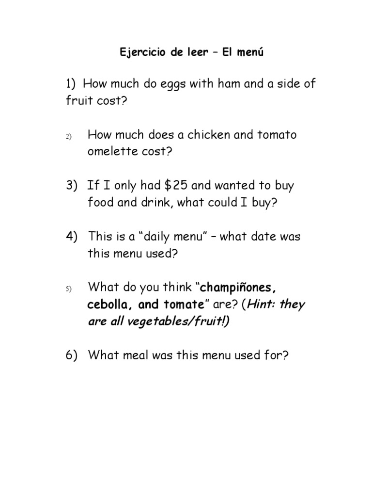 Daily Menu Reading Exercise | PDF