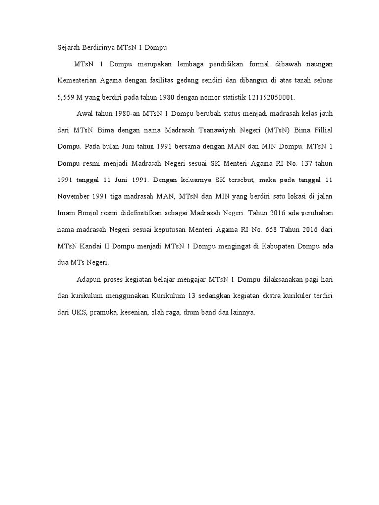 Sejarah MTsN 1 Dompu dan Perubahannya | PDF