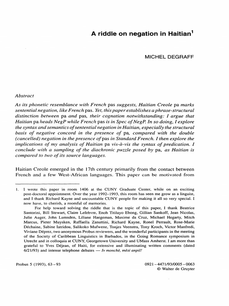 Michel DeGraff (1993) " A Riddle On Negation in Haitian Creole ...
