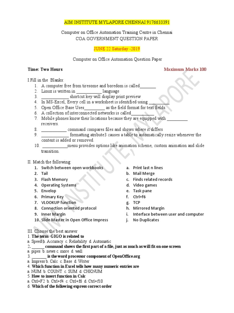 Coa June 2019 Question Paper | PDF | Operating System | Microsoft Excel