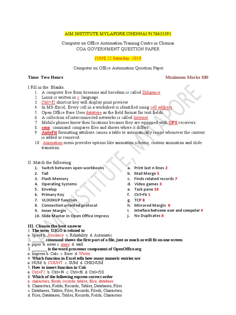 Coa Answer Key 22 June 2019 | PDF | Microsoft Excel | Operating System
