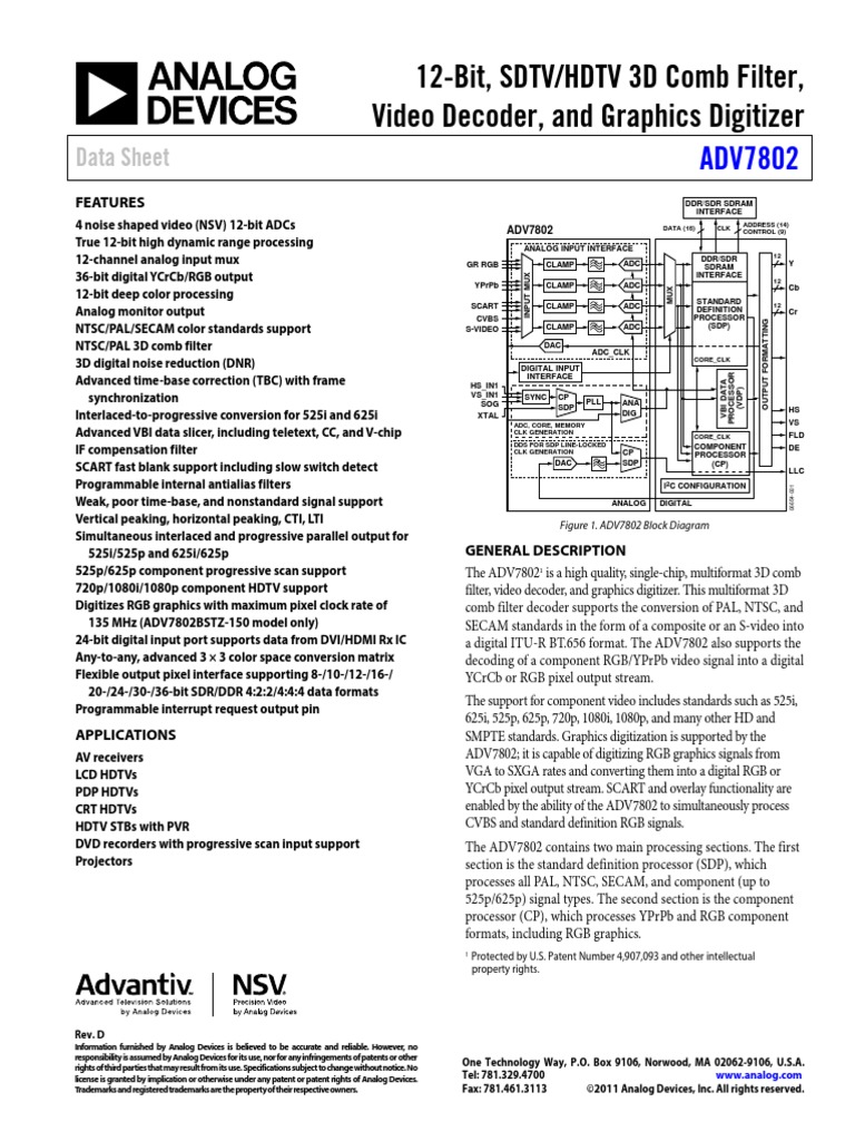 12-Bit, SDTV/HDTV 3D Comb Filter, Video Decoder, and Graphics Digitizer ...