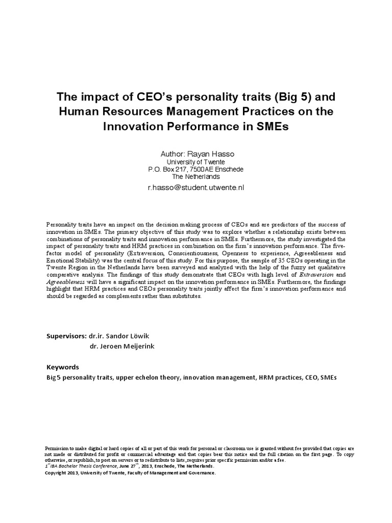 The Impact of Ceo'S Personality Traits (Big 5) and Human Resources Management Practices On The ...
