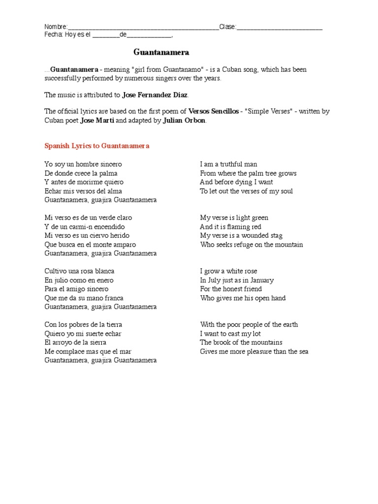 Guantanamera Lyrics PDF | PDF | Religion & Spirituality | Poetry