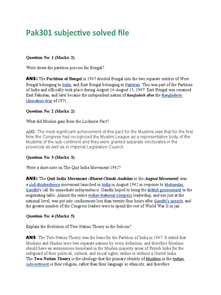 Pak301 Subjective Solved File: Question No: 1 (Marks: 2) | PDF | Muhammad Ali Jinnah | Partition ...