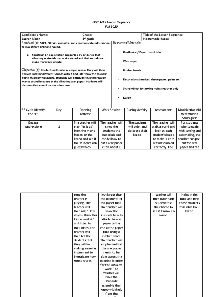 Nixon Nat WRLD 5e Lesson Plan Final | PDF | Sound | Cognition