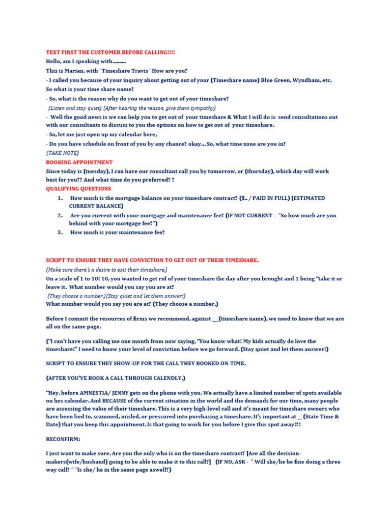 Effective Timeshare Exit Call Script | PDF | Business