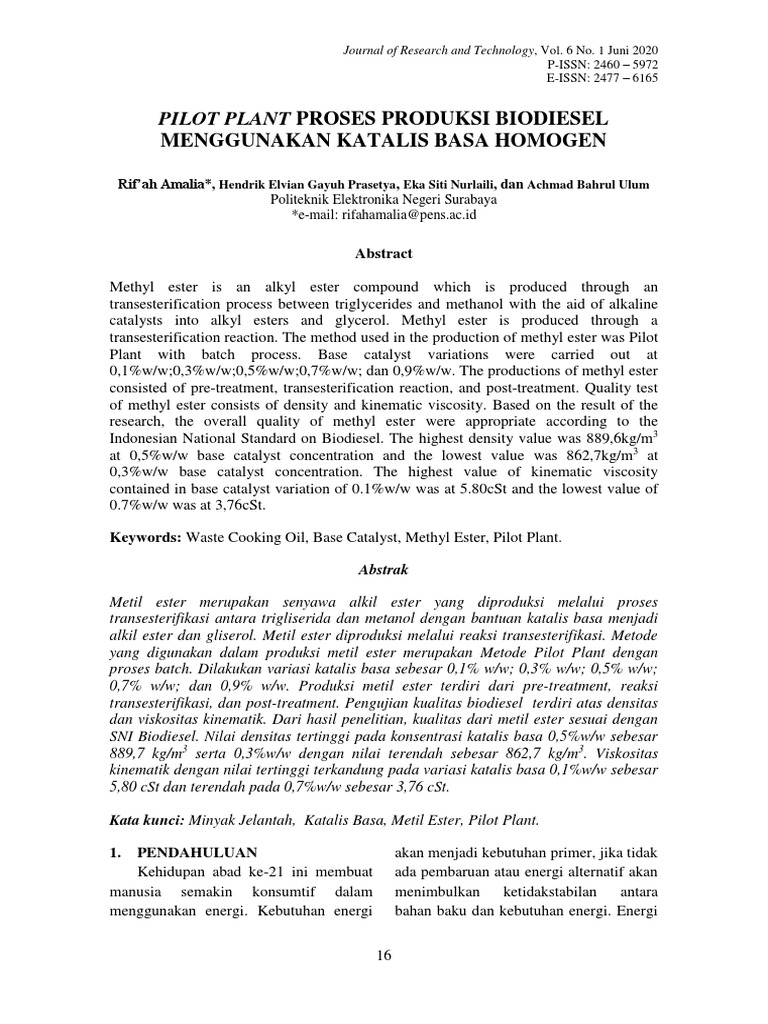 Menggunakan Katalis Basa Homogen: Pilot Plant Proses Produksi Biodiesel ...