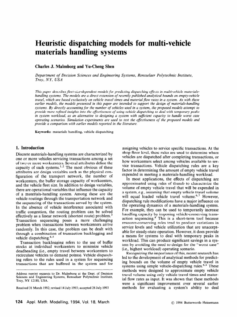 Heuristic Dispatching Models For Multi Vehicle Materials Handling Systems Sciencedirect Pdf 