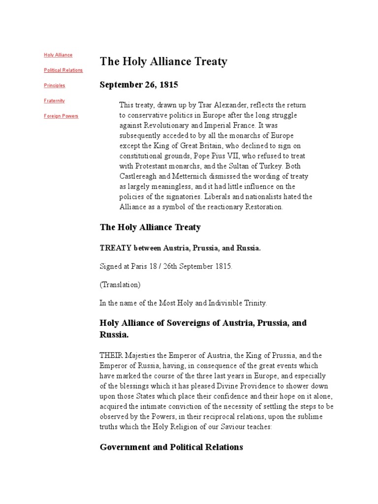 The Holy Alliance Treaty 1815 | PDF | Emperor | Religion And Belief