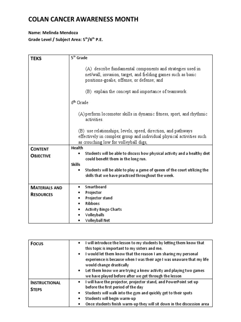 Colon Cancer Awareness in P.E. Class | PDF | Sports