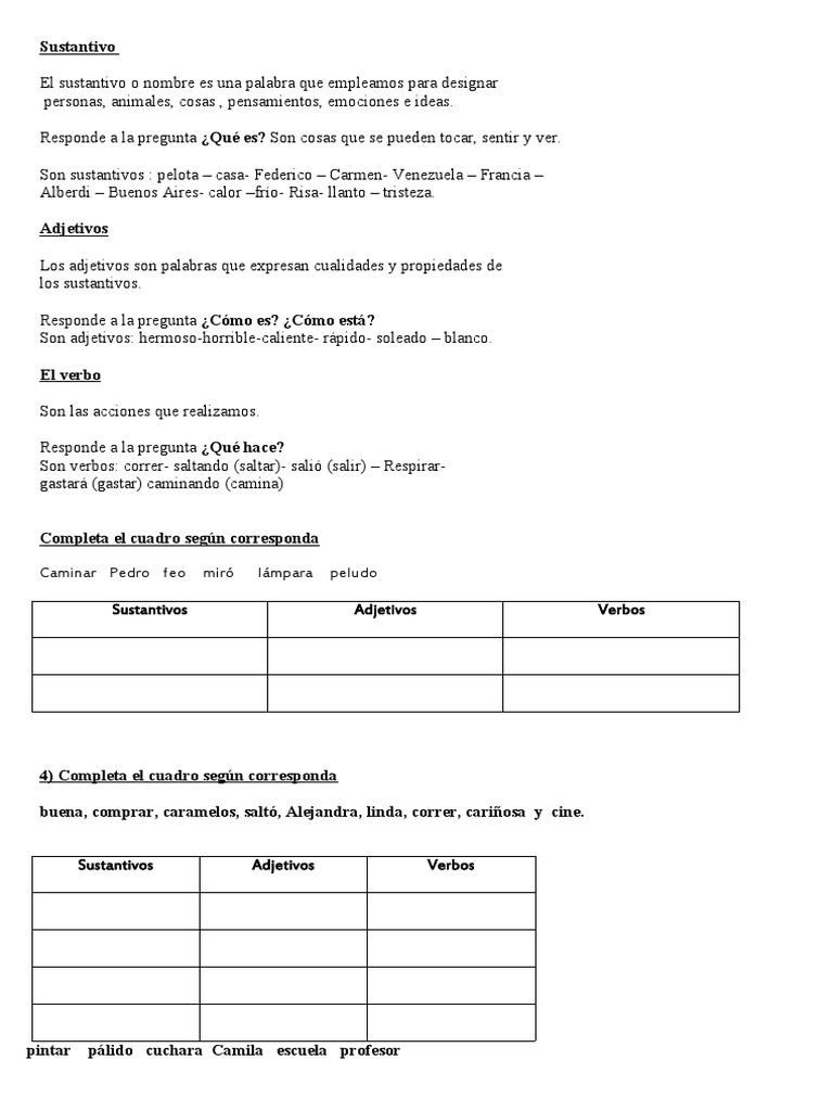 Sustantivos, Adjetivos y Verbos. | PDF
