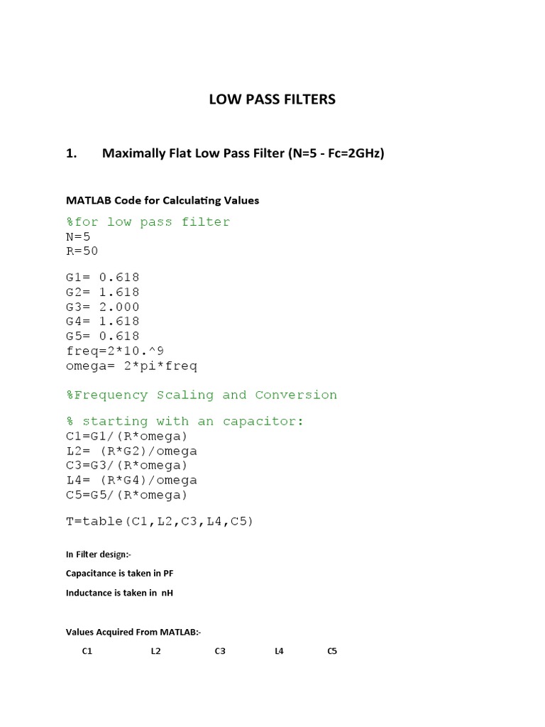 Low Pass Filters: 1. Maximally Flat Low Pass Filter (N 5 - FC 2Ghz ...