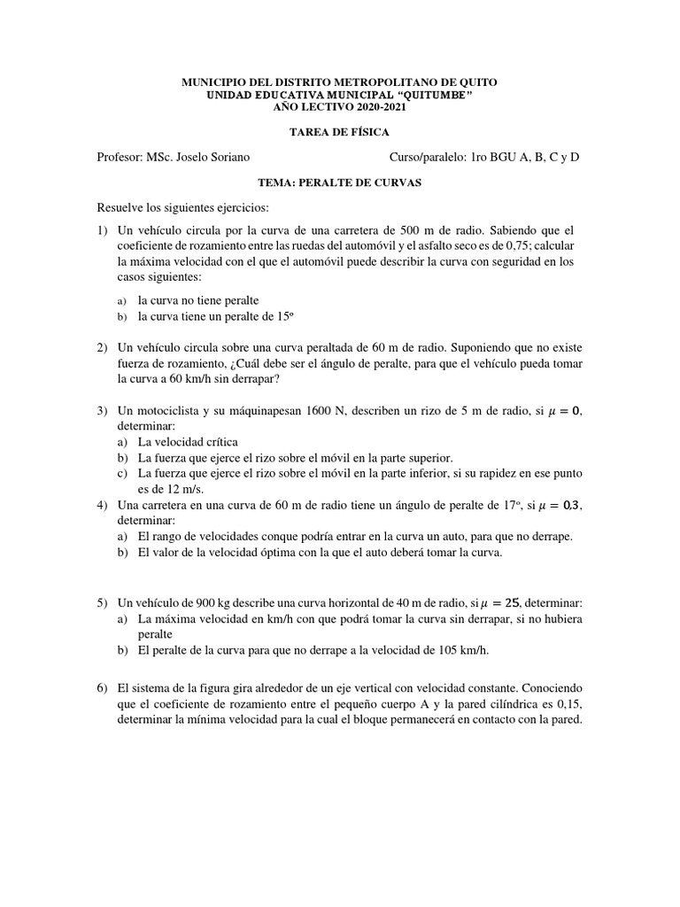 Velocidad máxima en curvas peraltadas | PDF | Vehículos terrestres ...