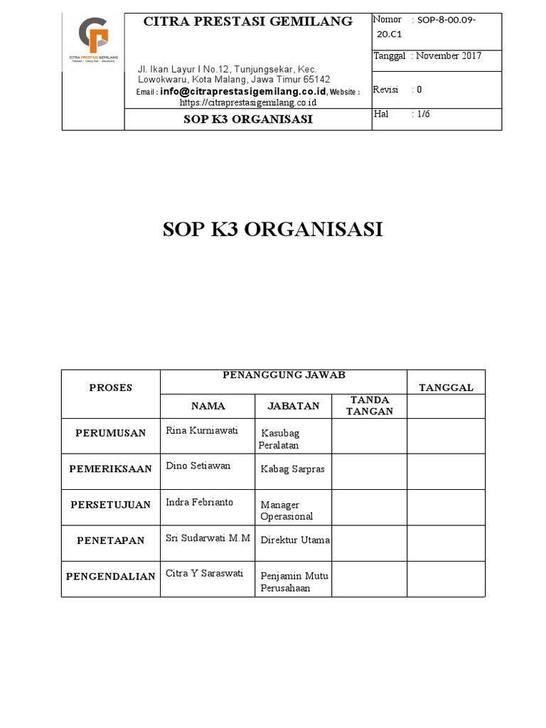 SOP - K3 Organisasi CPG | PDF