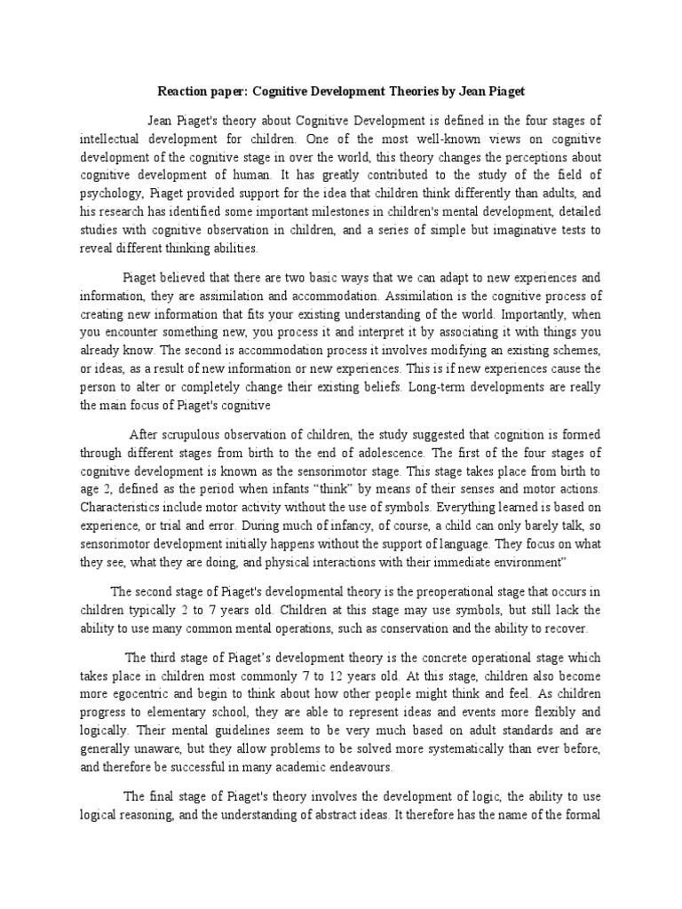 Reaction Paper About Cognitive Development by Jean Piaget | PDF ...