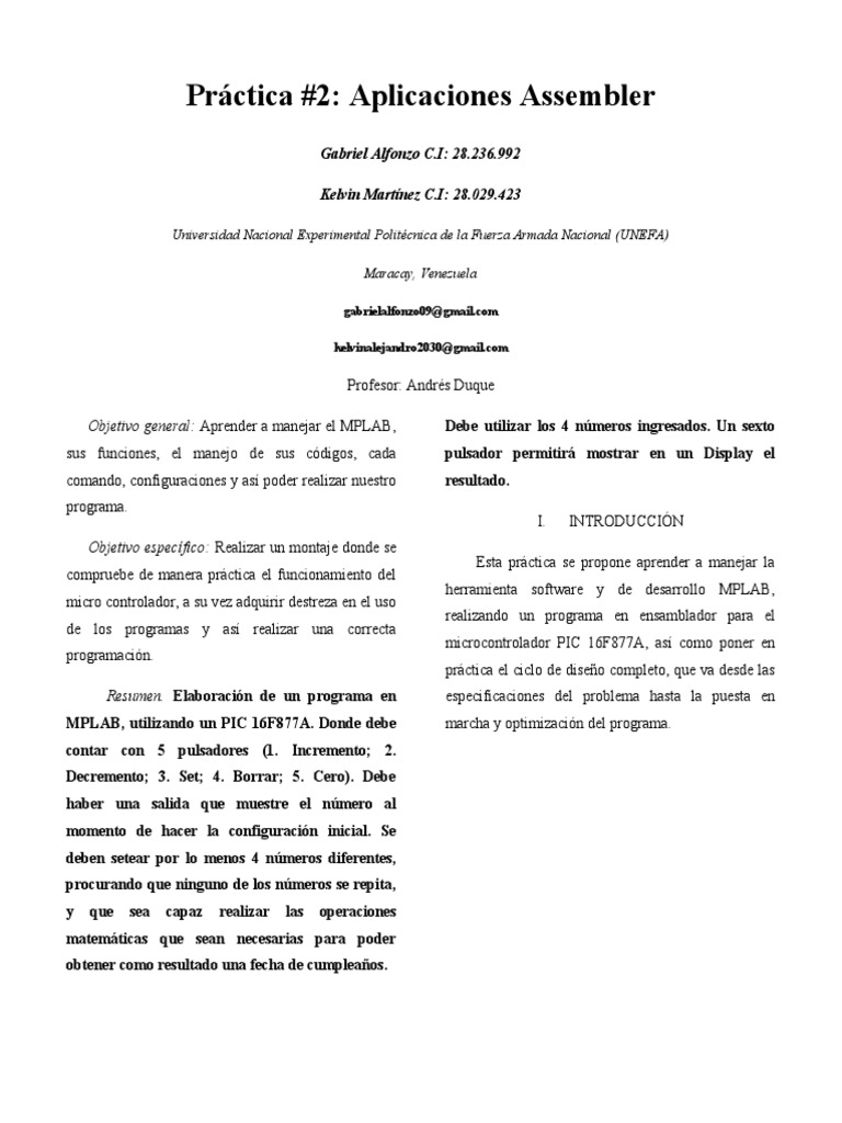 Práctica Assembler en MPLAB | PDF | Lenguaje ensamblador | Programa de computadora