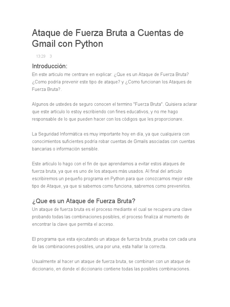 Ataque de Fuerza Bruta A Cuentas de Gmail Con Python | PDF | Contraseña | Python (lenguaje de ...