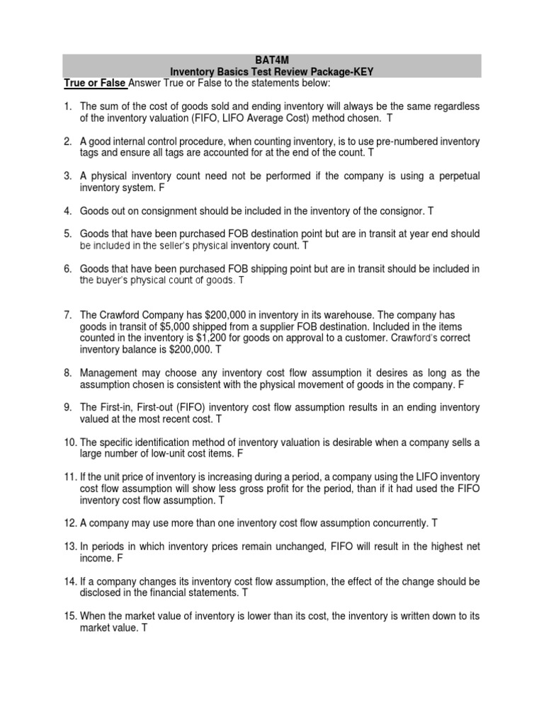 Bat4M Inventory Basics Test Review Package-KEY True or False Answer ...