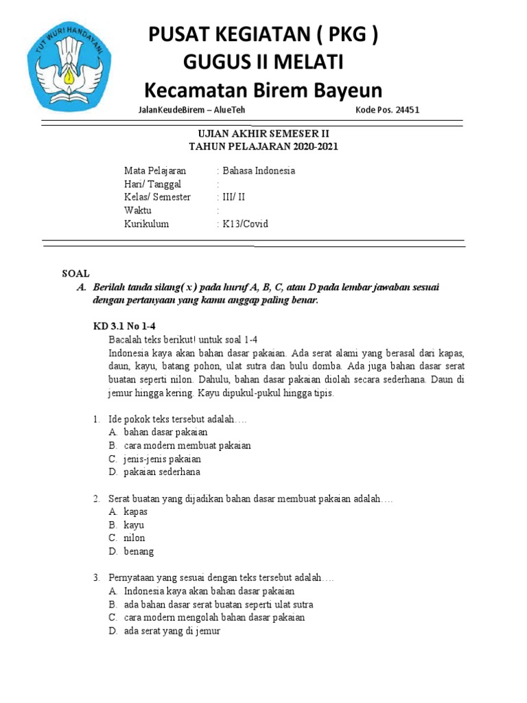 Soal THB Bahasa Indonesia Kelas Iii Semester 2 | PDF