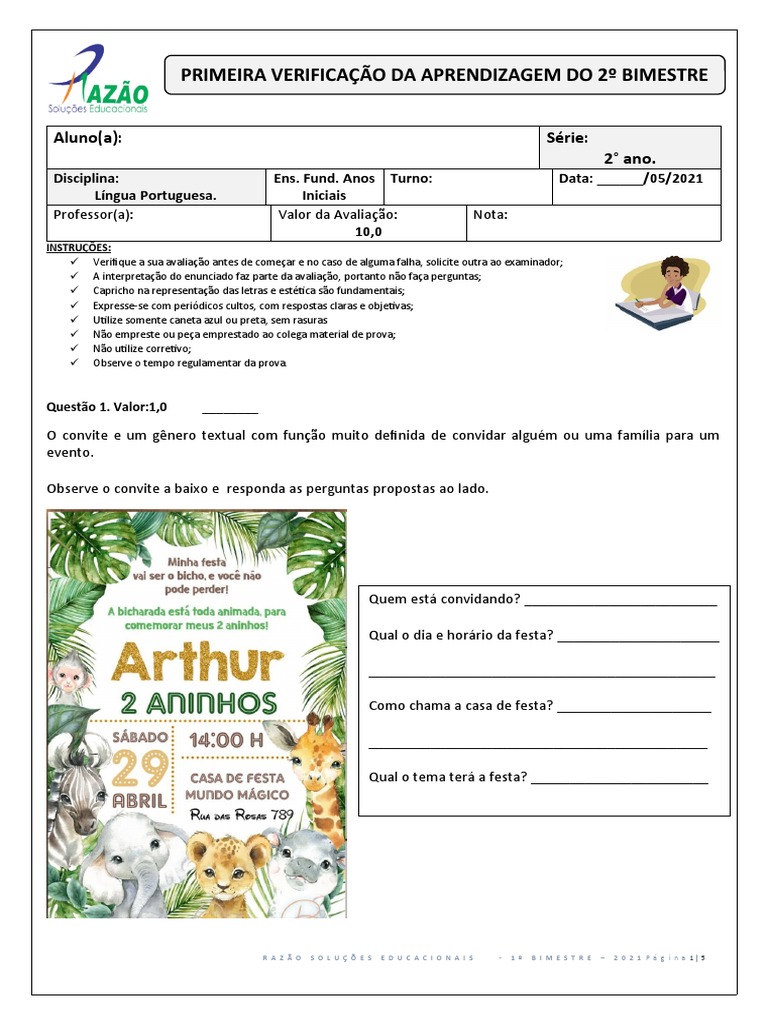 Portugues - 2°ANO-AV1 | PDF | Vogal | Linguística