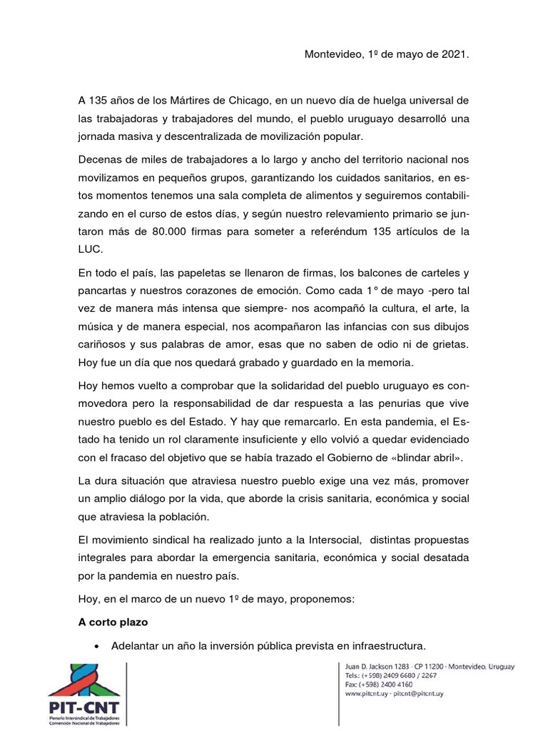 Comunicado Del PIT-CNT Por El 1 de Mayo | PDF | Uruguay