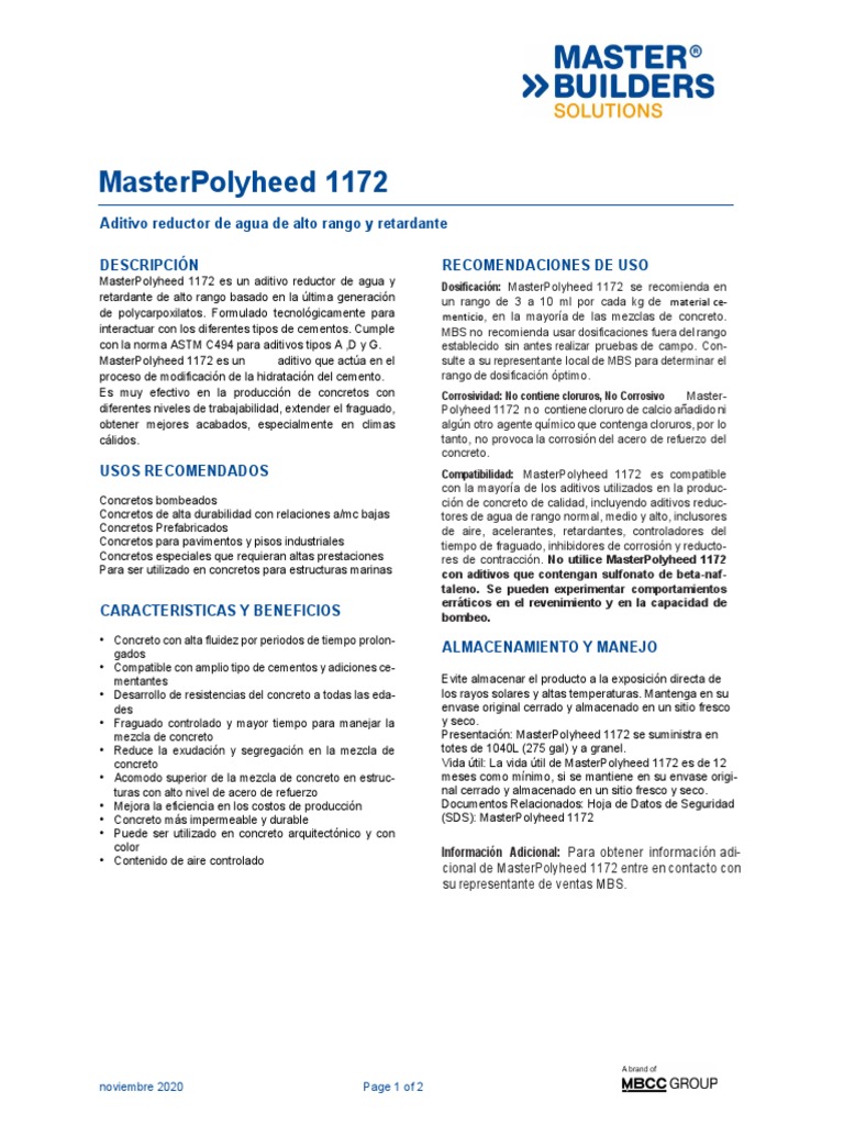 MasterPolyheed 1172 - FT | PDF | Hormigón | Química