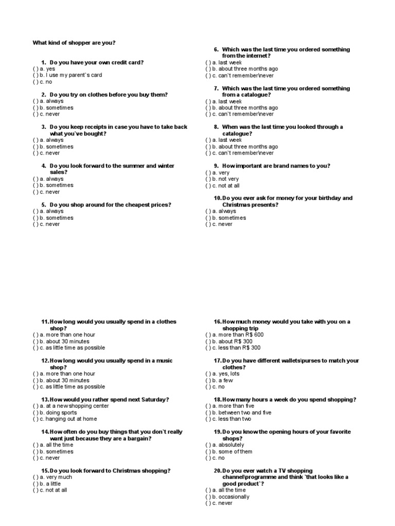 What Kind of Shopper Are You QUESTIONNAIRE | Download Free PDF ...