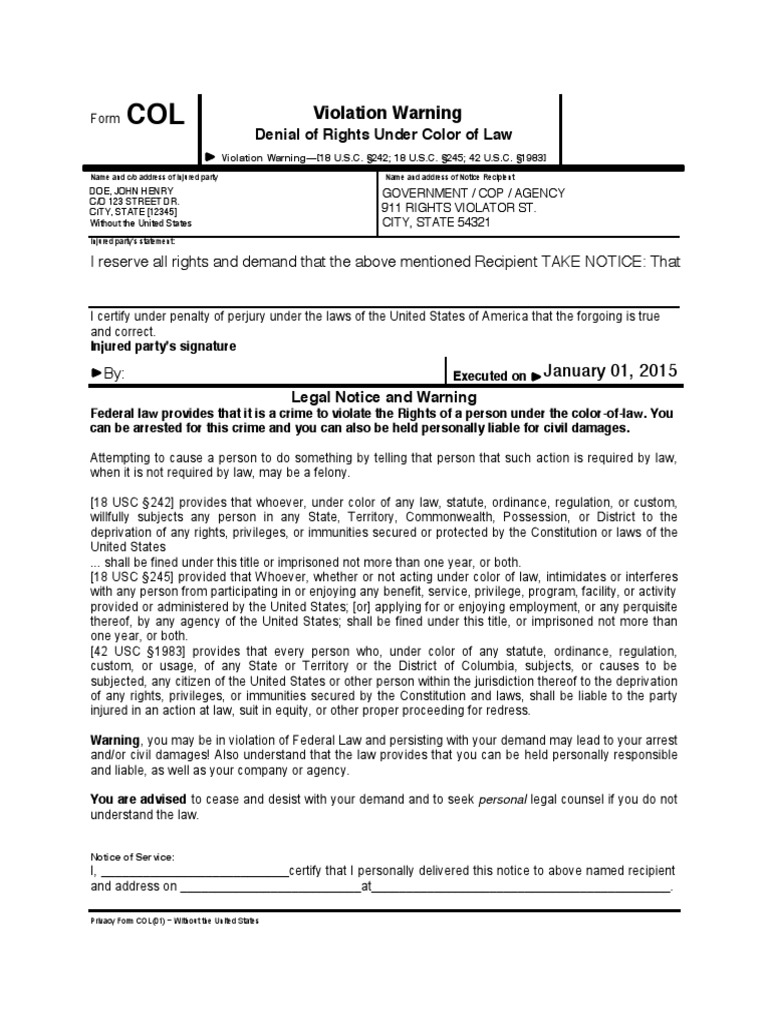 Color of Law Form PDF-2 | PDF | Law Of The United States | United ...