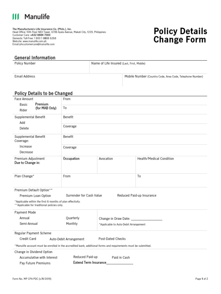 Policy Details Change Form: General Information | PDF | Life Insurance ...