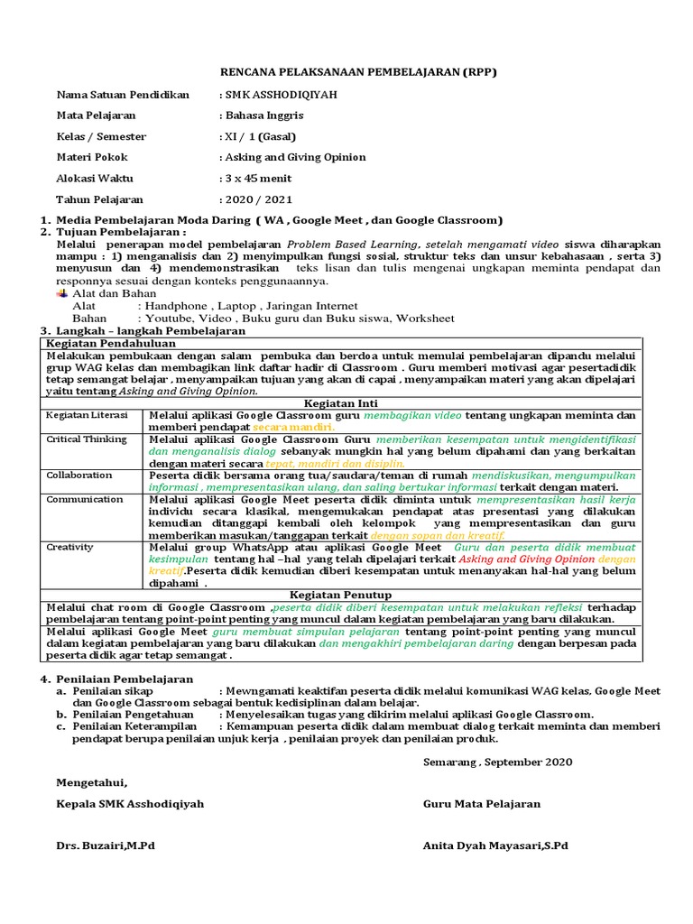 RPP Problem Based Learning | PDF