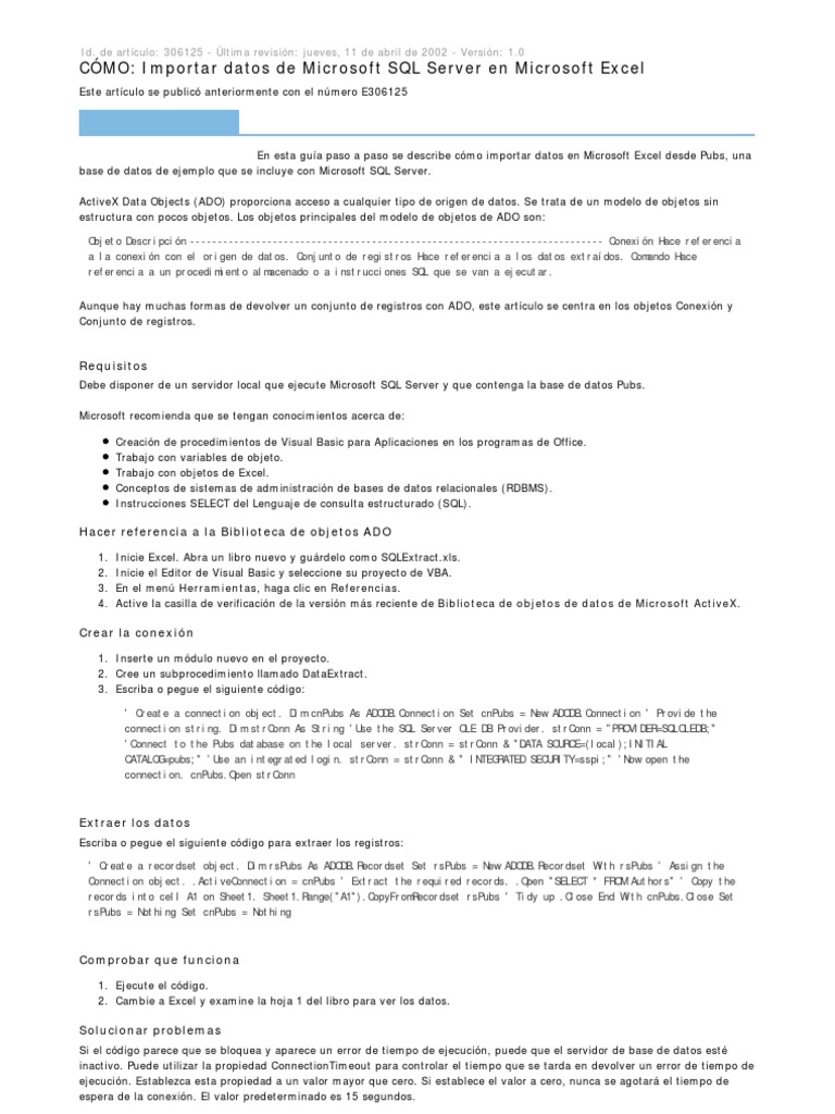 Importar Datos de Microsoft SQL Server en Microsoft Excel | PDF | Active X Data Objects | SQL