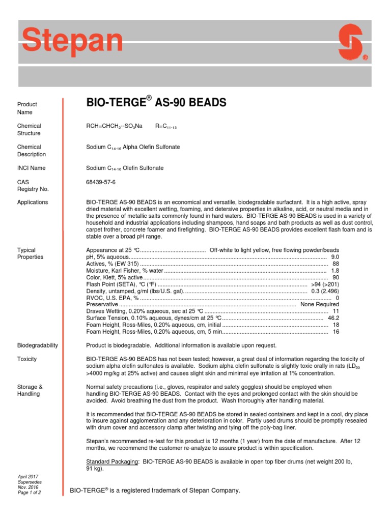 Stepan: Bio-Terge As-90 Beads | PDF | Foam | Materials