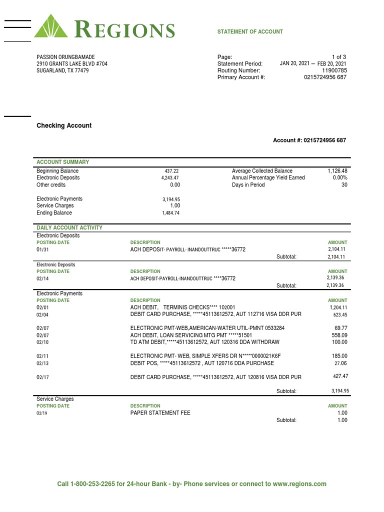 Regions Bank Statement | PDF | Debit Card | Service Industries