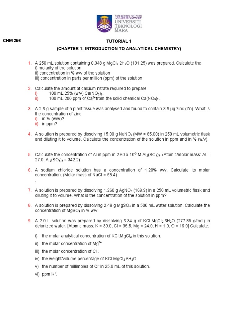 TUTORIAL1 CHM 256 | PDF | Mass Concentration (Chemistry) | Mass ...