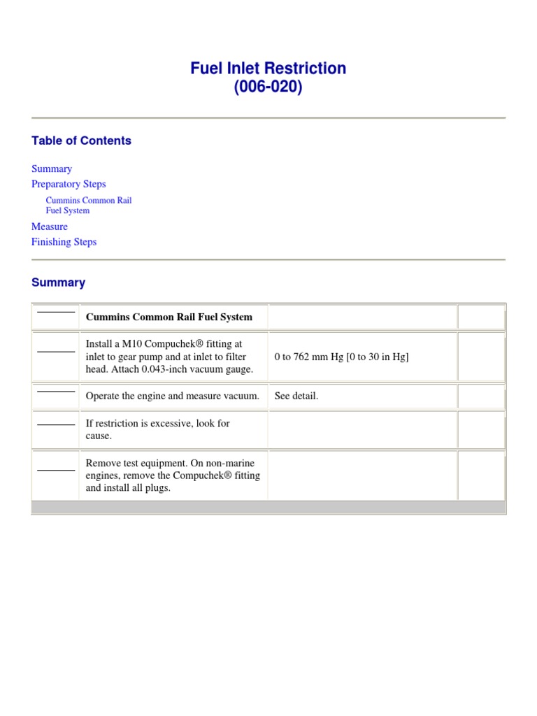Fuel Inlet Restriction (006-020) : Preparatory Steps | PDF | Pump ...