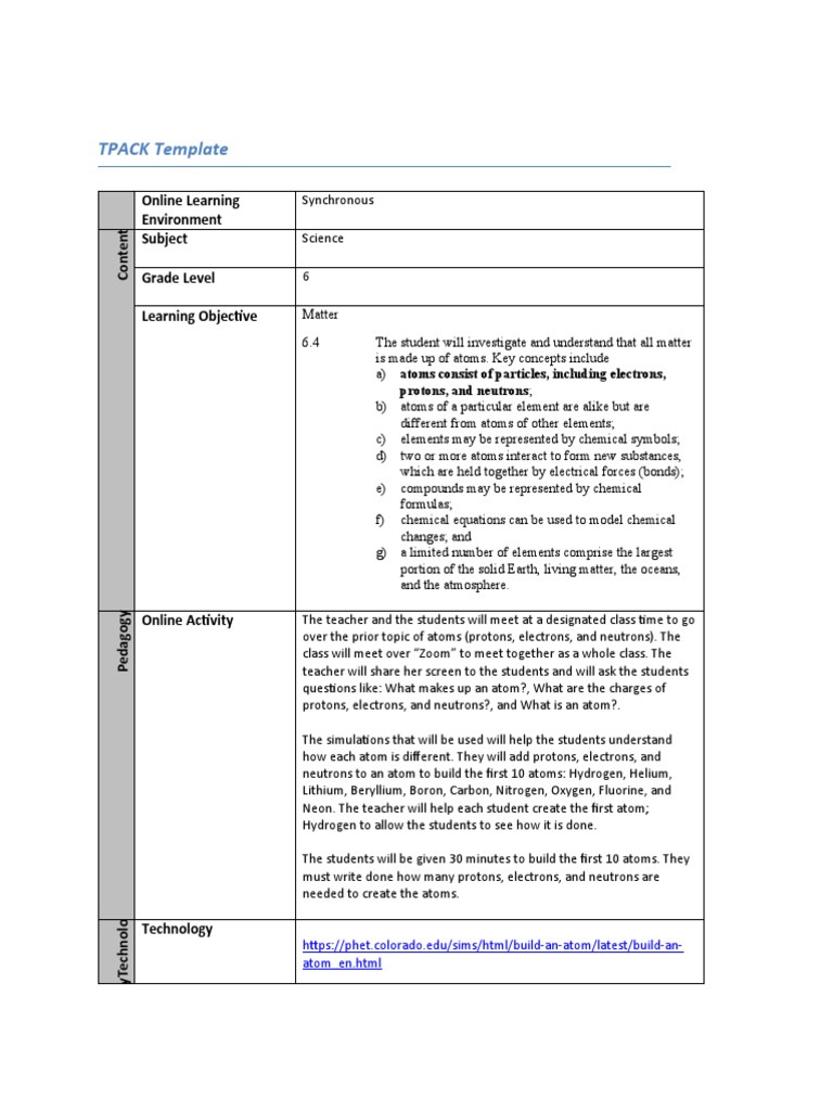 Tpack Template Online Summer20 1 | PDF | Atoms | Chemical Elements