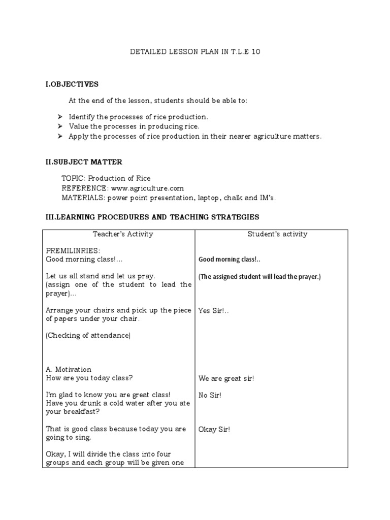 Detailed Lesson Plan in TLE (Production of Rice) | PDF | Harvest | Rice