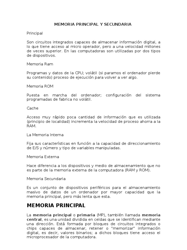 Memoria Principal y Secundaria | PDF | Almacenamiento de datos de la ...
