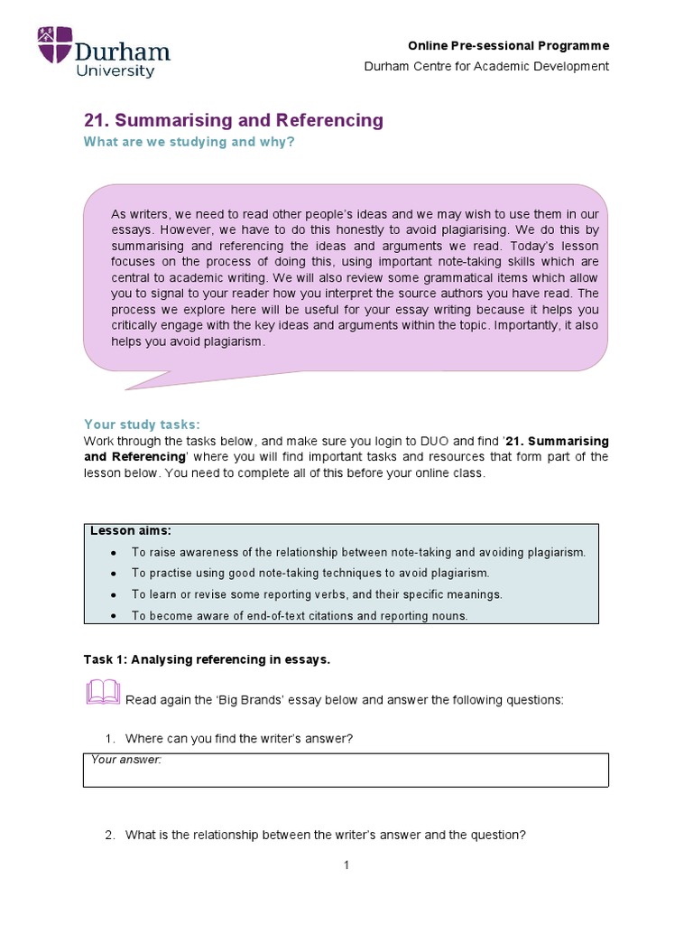 Summarising and Referencing Worksheet | PDF | Brand | Corporate Social ...