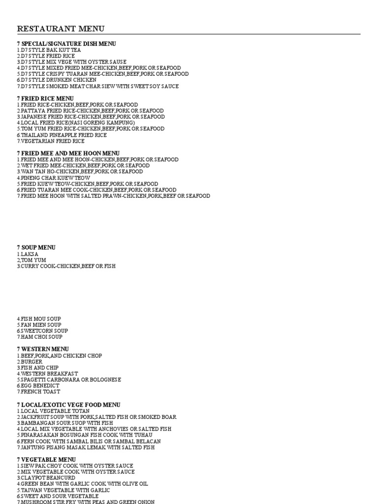 Restaurant Menu: 7 Special/Signature Dish Menu | PDF | Beef | Prepared ...